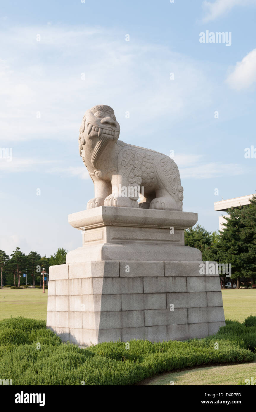 A haechi statue stands outside of the National Assembly of South Korea ...