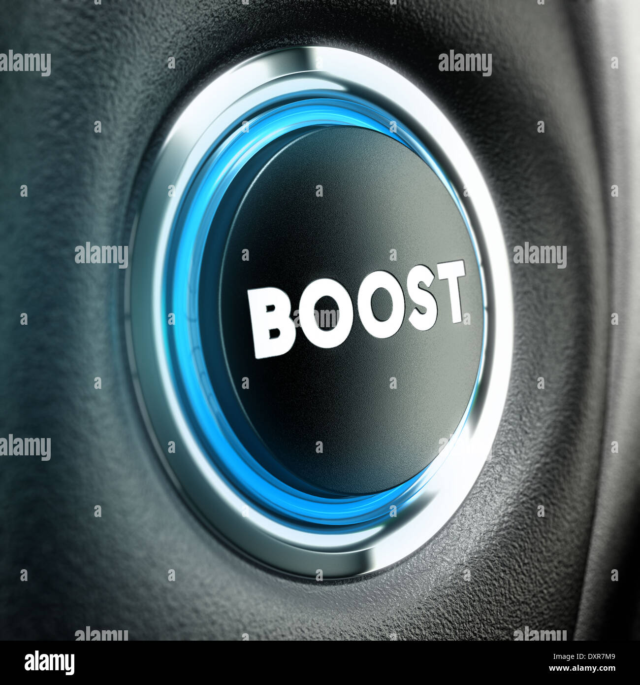 Booster button over black textured background. Conceptual 3D render ...
