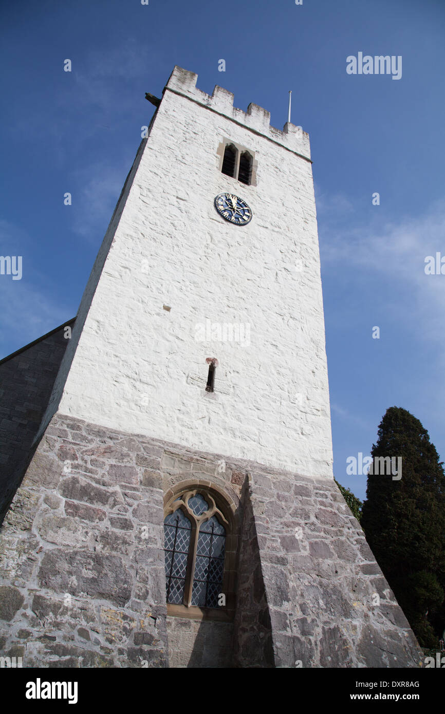 Creative shot of the lime-washed tower of St. Stephen's Church, Bodfari ...