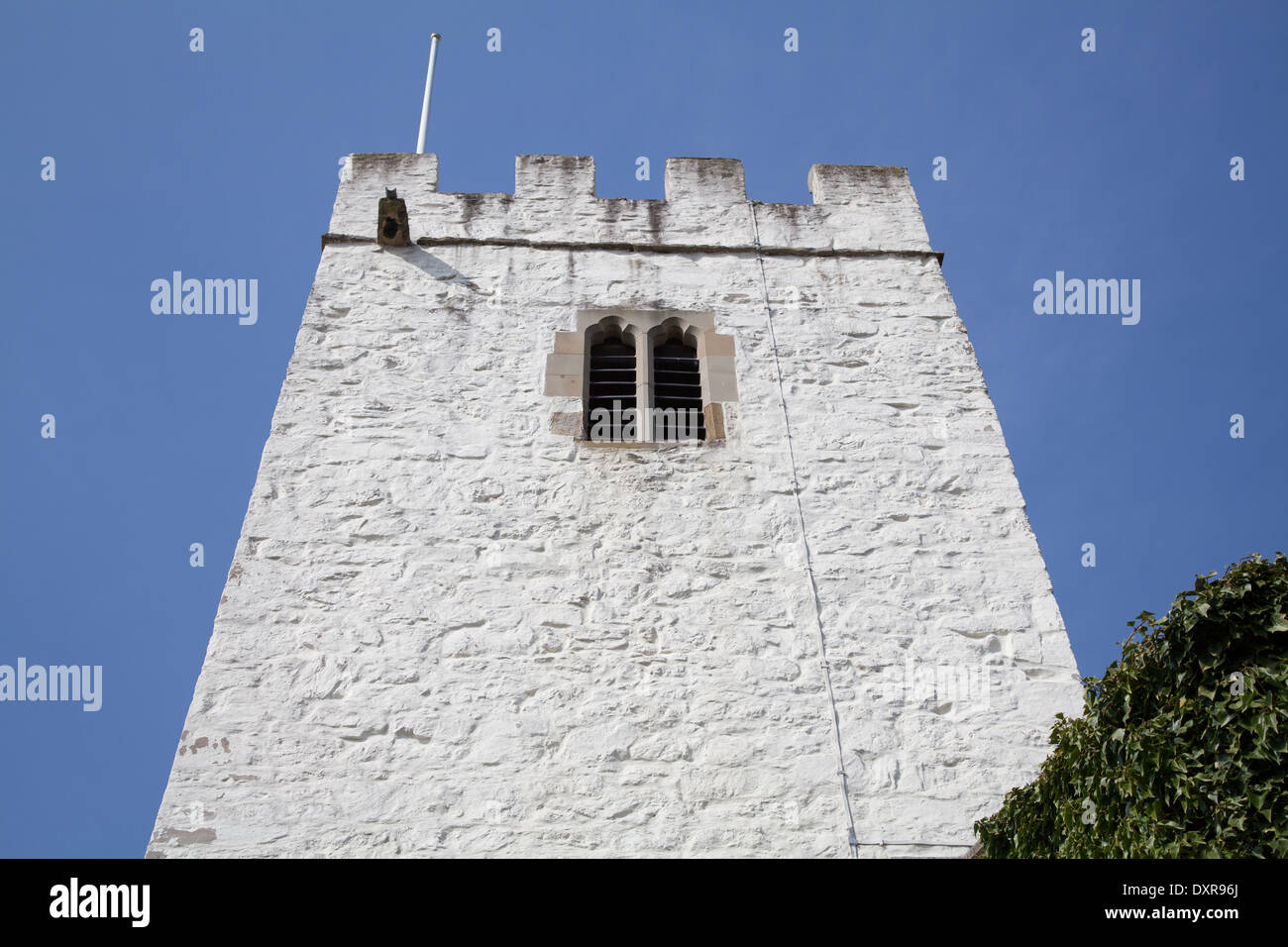 Detail of the lime-washed tower of St. Stephen's Church, Bodfari on a ...