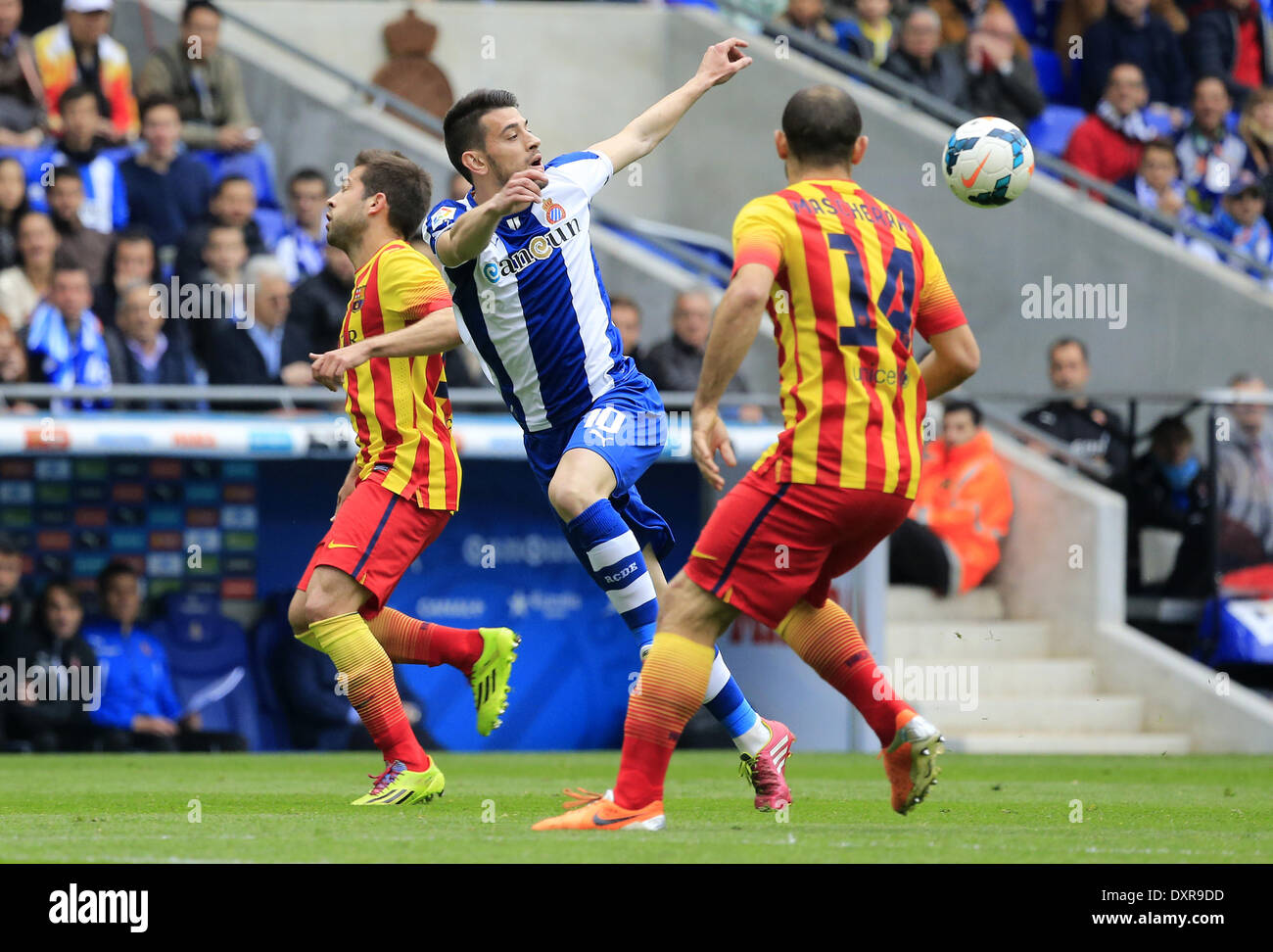 Barcelona, Spain. 29th Mar, 2014. Pizzi and Jordi Alba on in the match ...