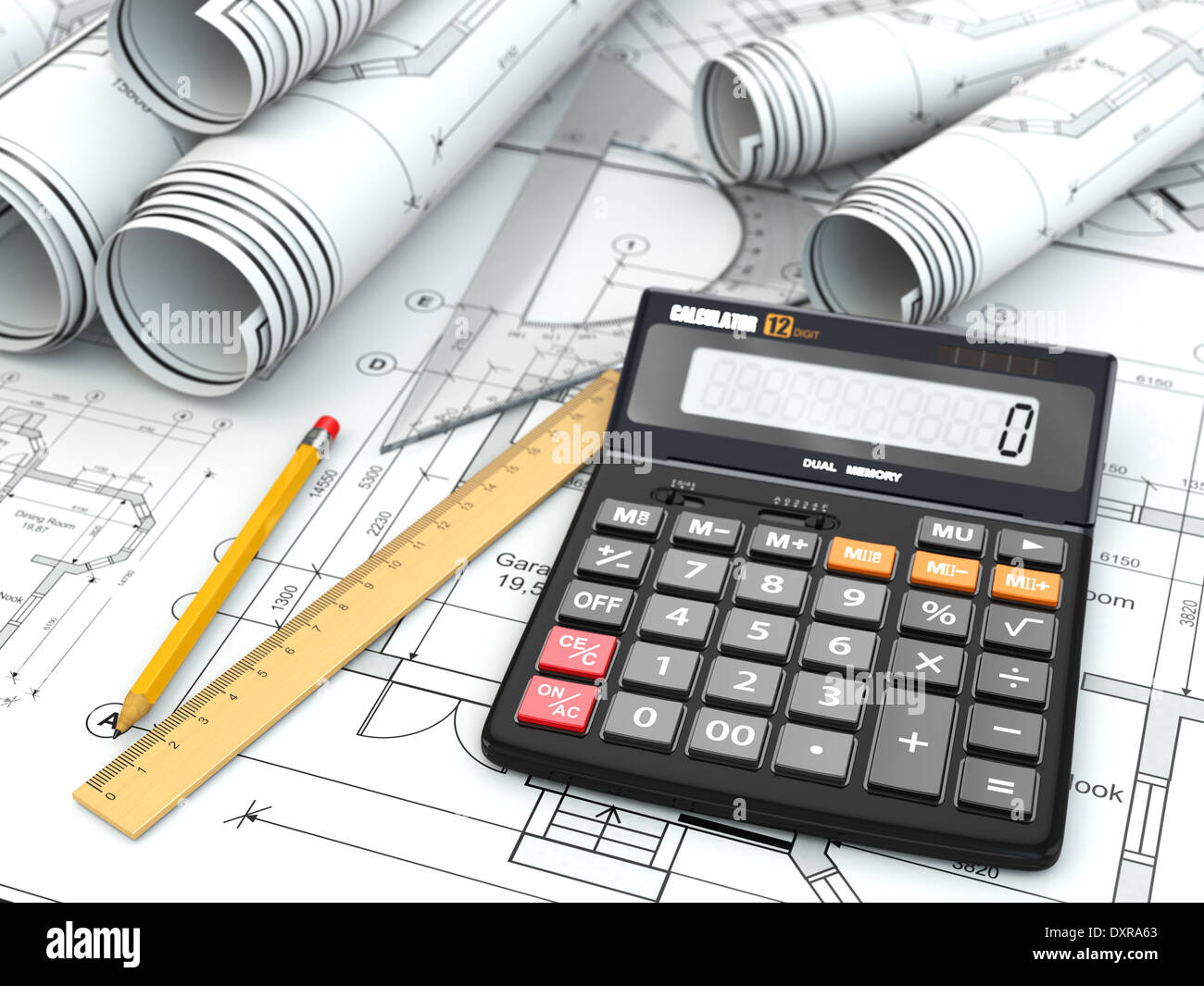 Concept of drawing. Blueprints, drafting tools and calculator. 3d Stock ...