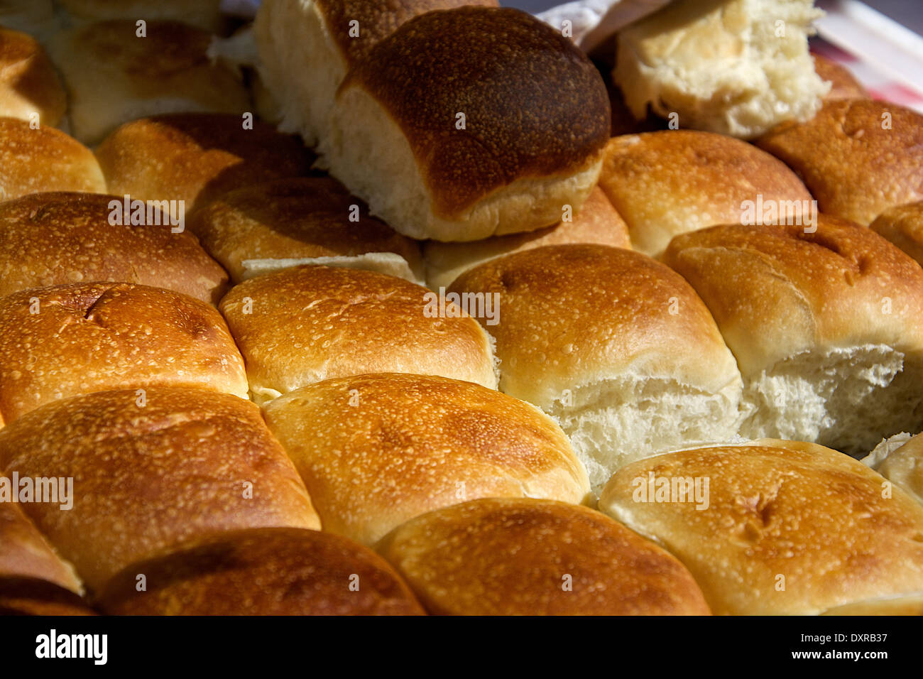 Pieces of fresh bread placed on a stand at the Organic Fair in Amon ...