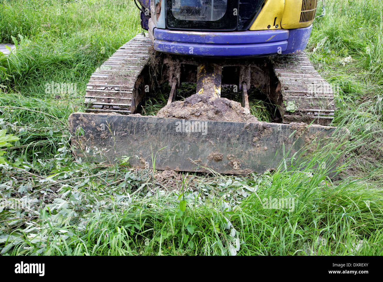 The bulldozer presses a green grass Stock Photo - Alamy