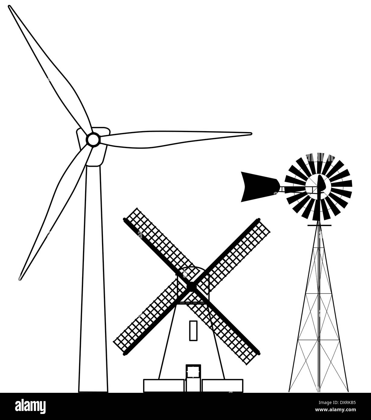 A collection of three typical windmills isolated over a white ...