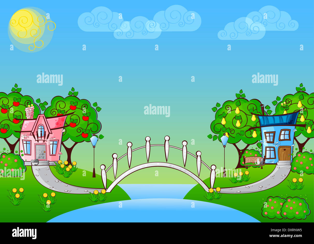 background with cartoon houses in love and a bridge over the river ...