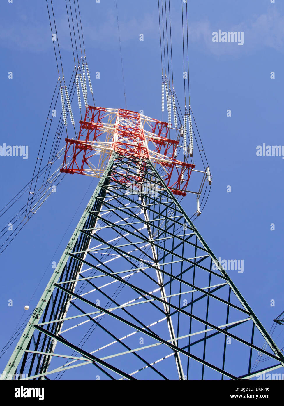 colored high voltage pylons view from above in a sunny day Stock Photo ...