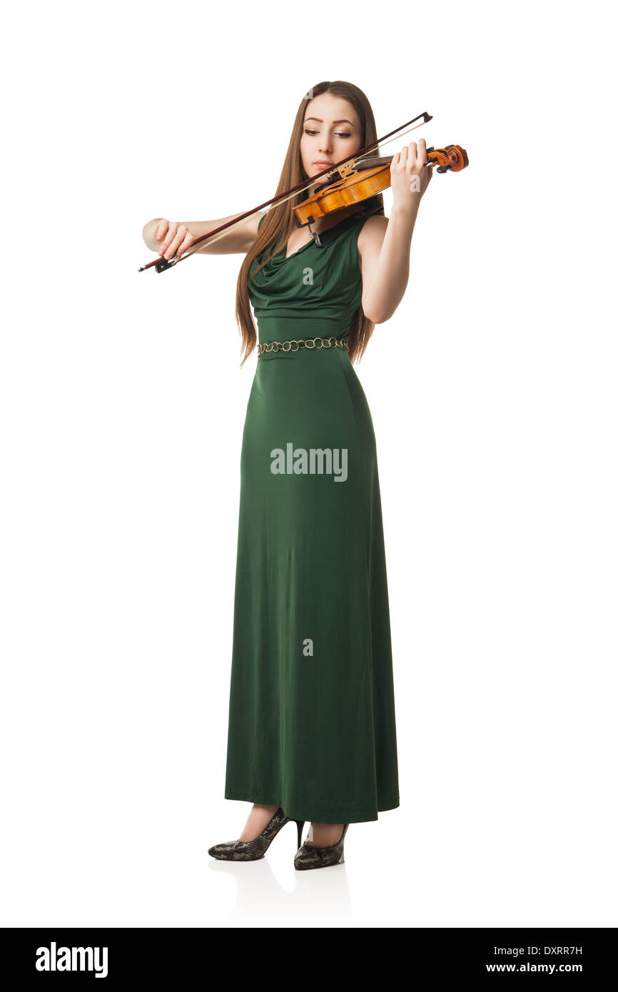 Beautiful young woman playing violin over white background Stock Photo ...
