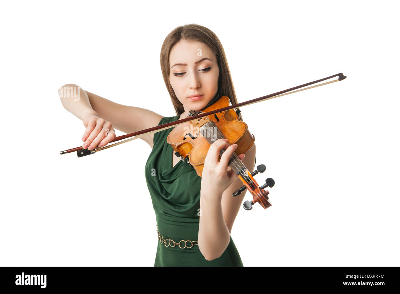 Beautiful young woman playing violin over white background Stock Photo ...