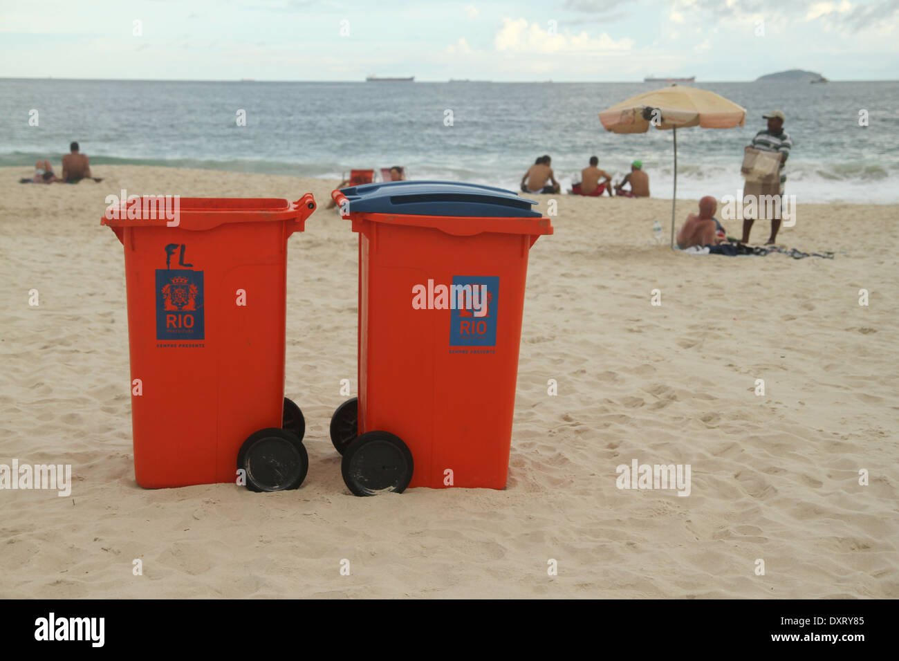Copacabana Beach, Rio, Brazil - 26 March 2014: A set of garbage bins ...