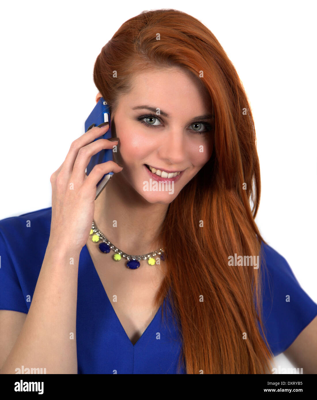 Red hair woman with mobile phone Stock Photo - Alamy