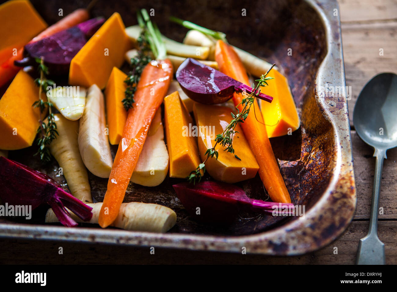 A tray of oven roasted vegetables Stock Photo - Alamy