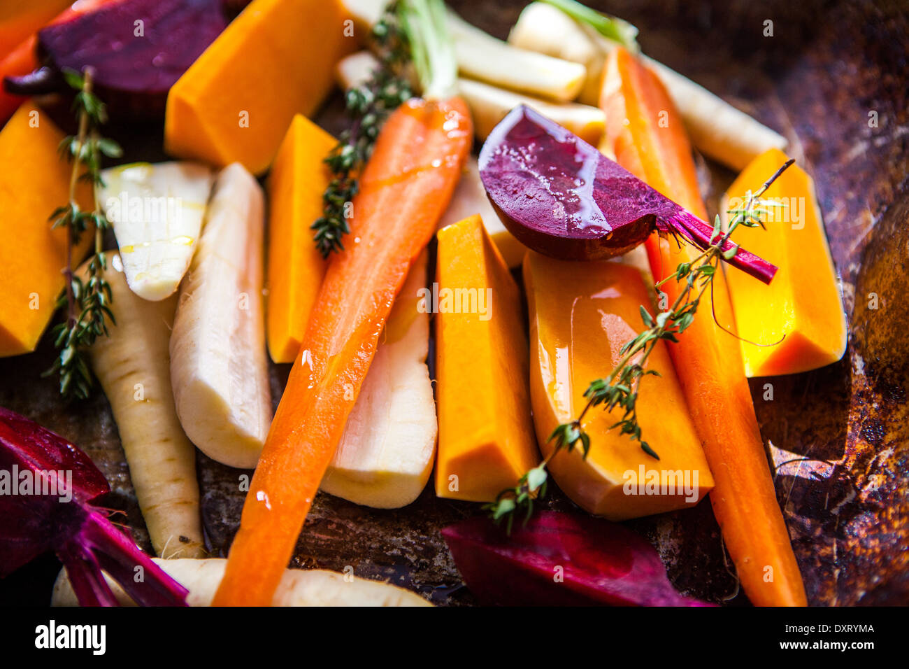 A tray of oven roasted vegetables Stock Photo - Alamy
