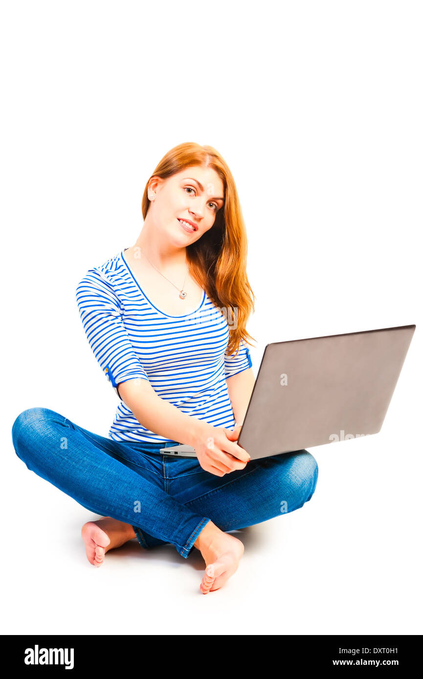 shooting girls with a laptop on a white background Stock Photo - Alamy