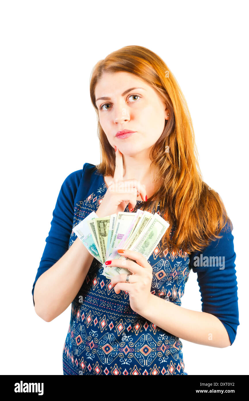 Pensive beautiful girl with money Stock Photo - Alamy