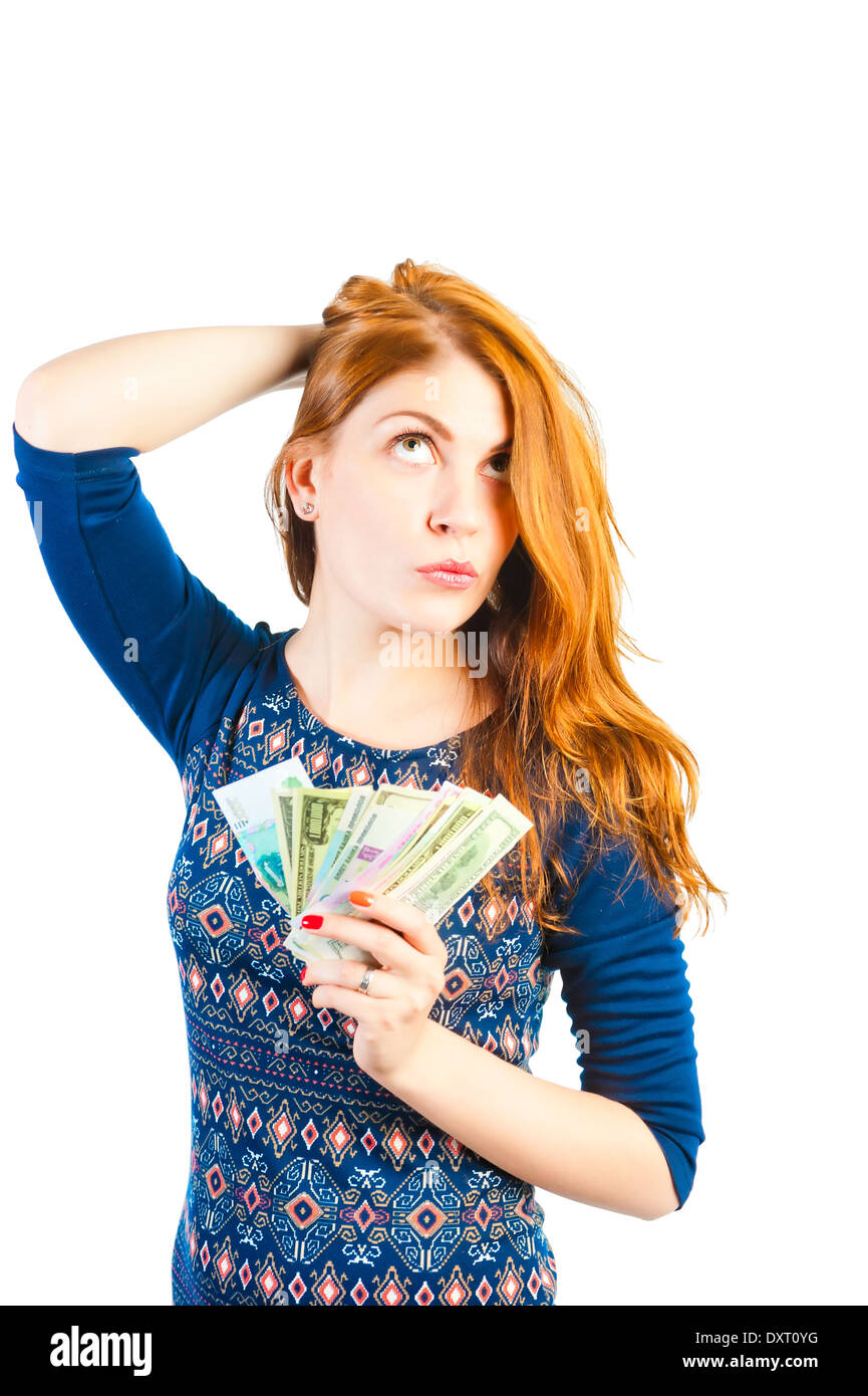 beautiful woman posing on a white background with money Stock Photo - Alamy