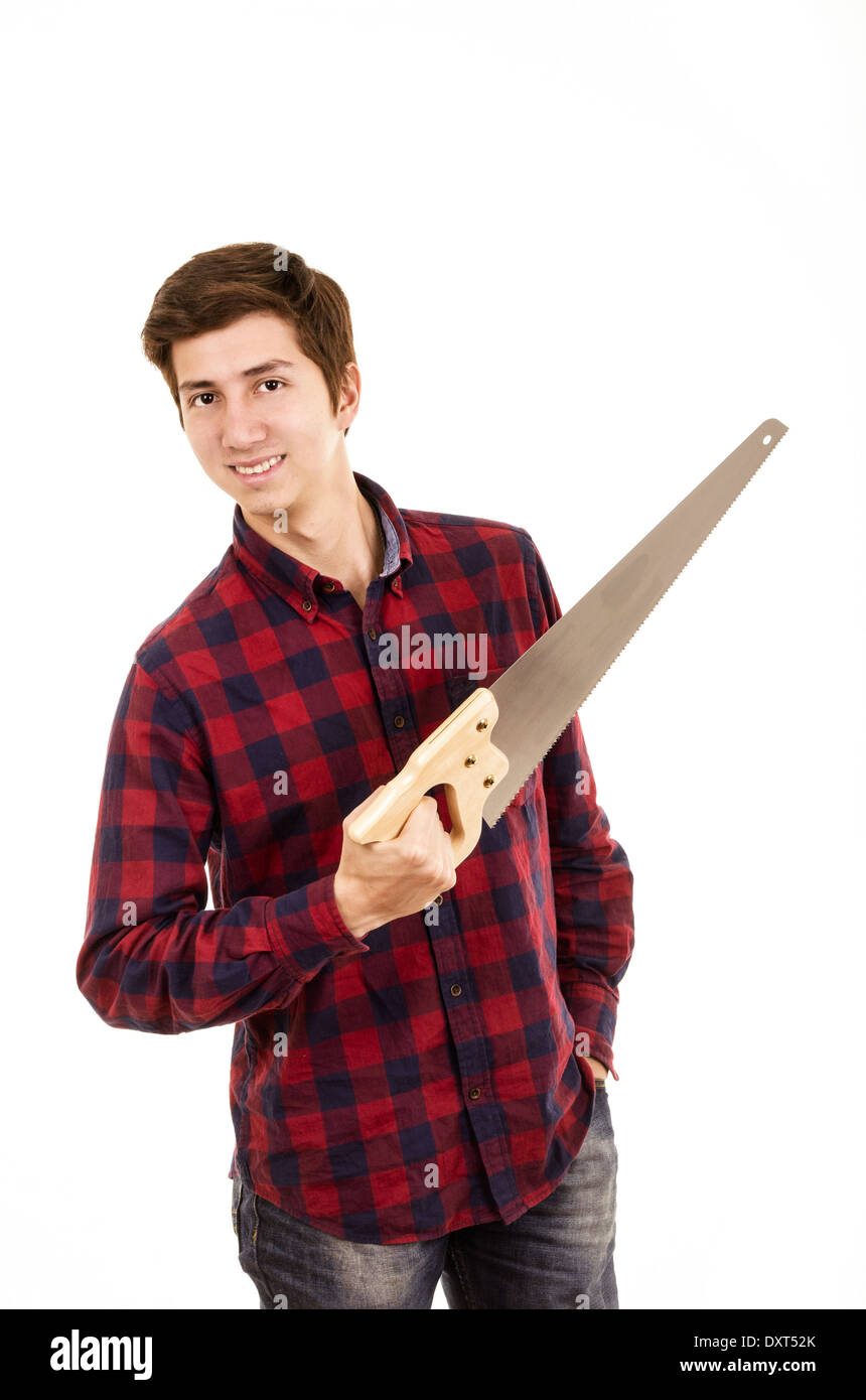 man with a saw on a white background Stock Photo - Alamy