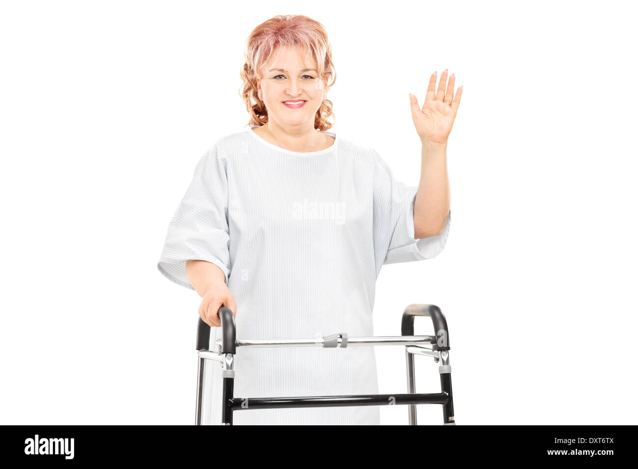 Female patient with walker waving with hand Stock Photo - Alamy