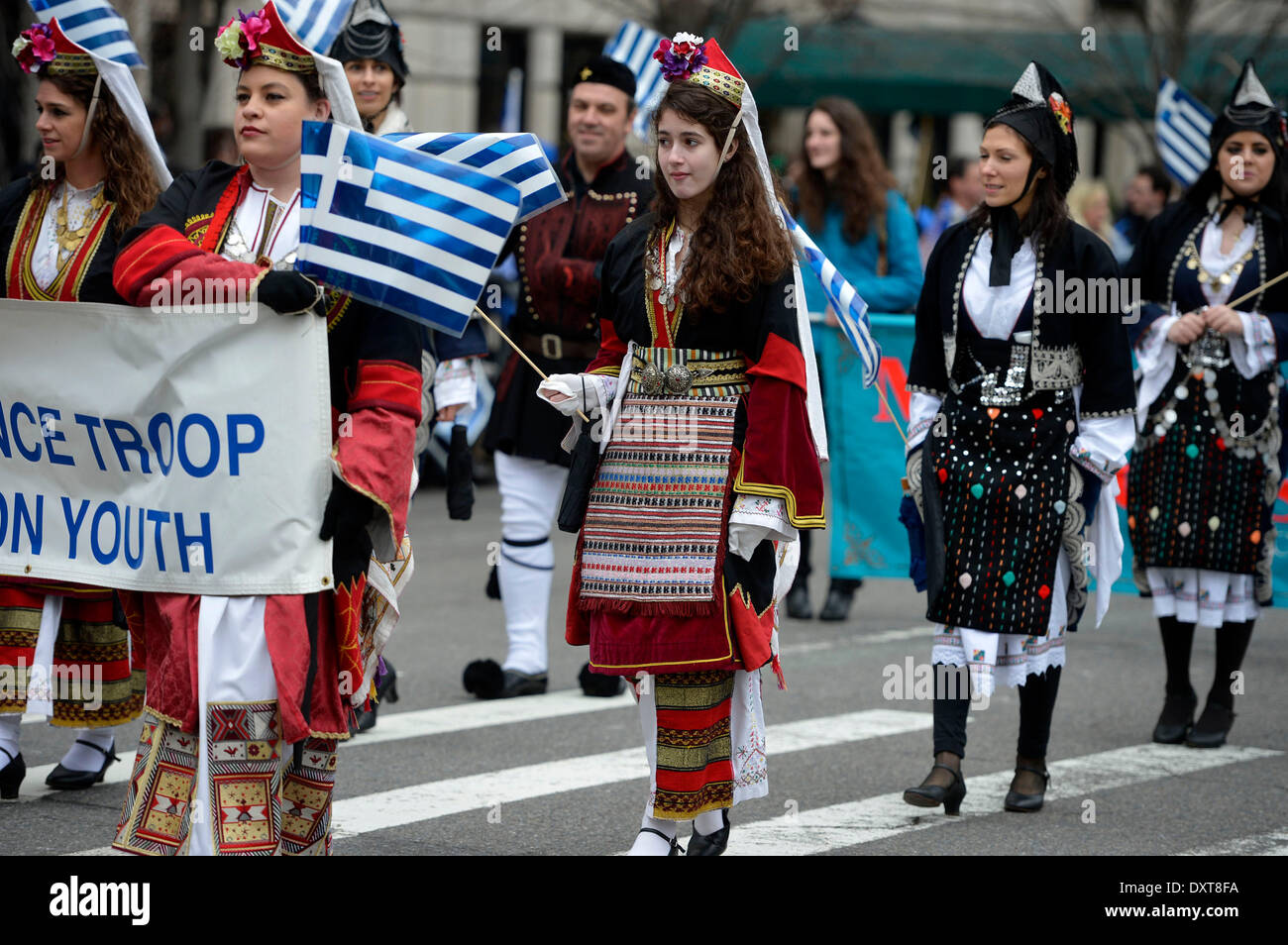 New York, USA. 30th Mar, 2014. Paraders dressed in traditional Greek ...