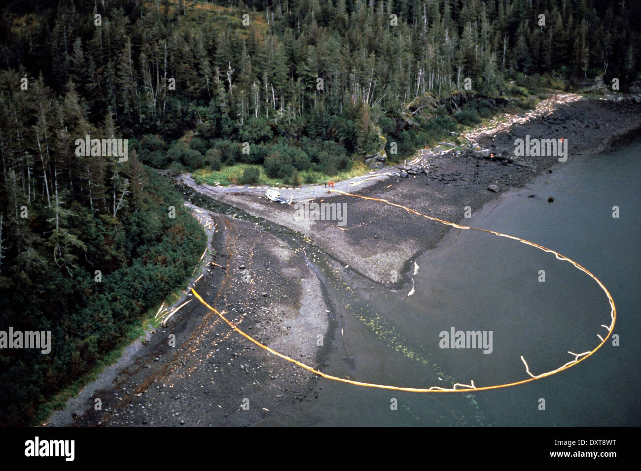 Aerial view of an oiled beach and boom protecting salmon spawning ...