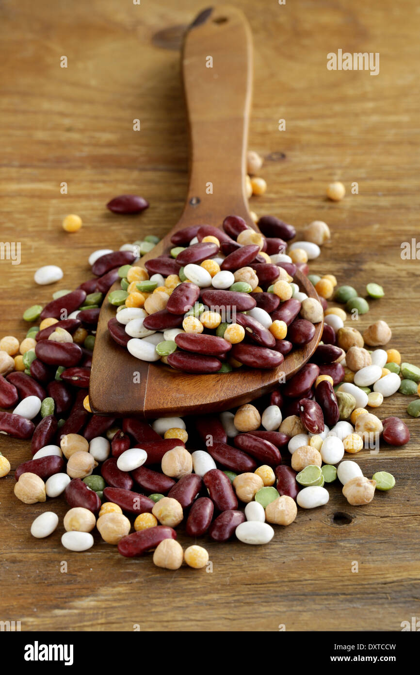 Assortment of different types of beans - red beans, chickpeas, peas ...