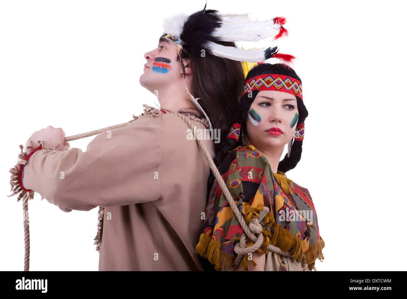 Native american men with rope on girl. Isolated on white background ...