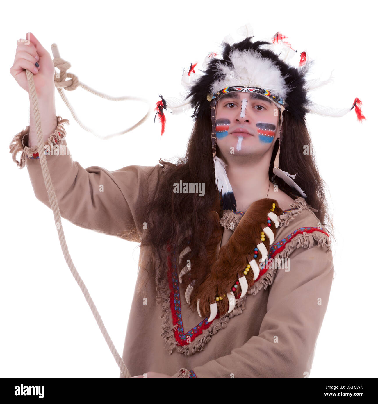 Native american with rope isolated on white background. Studio lighting ...