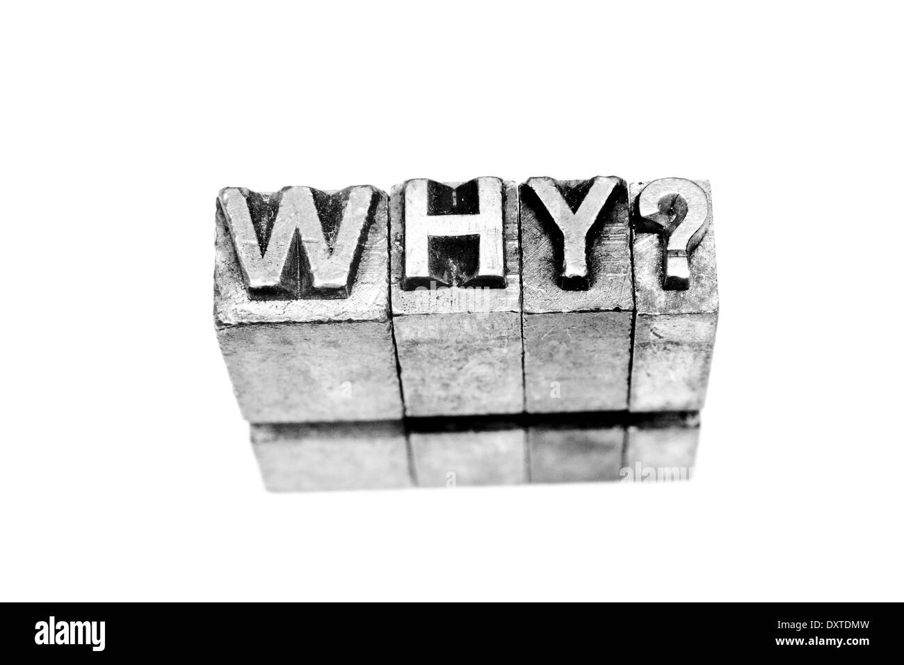 why? sign written in metallic letters on white background Stock Photo ...