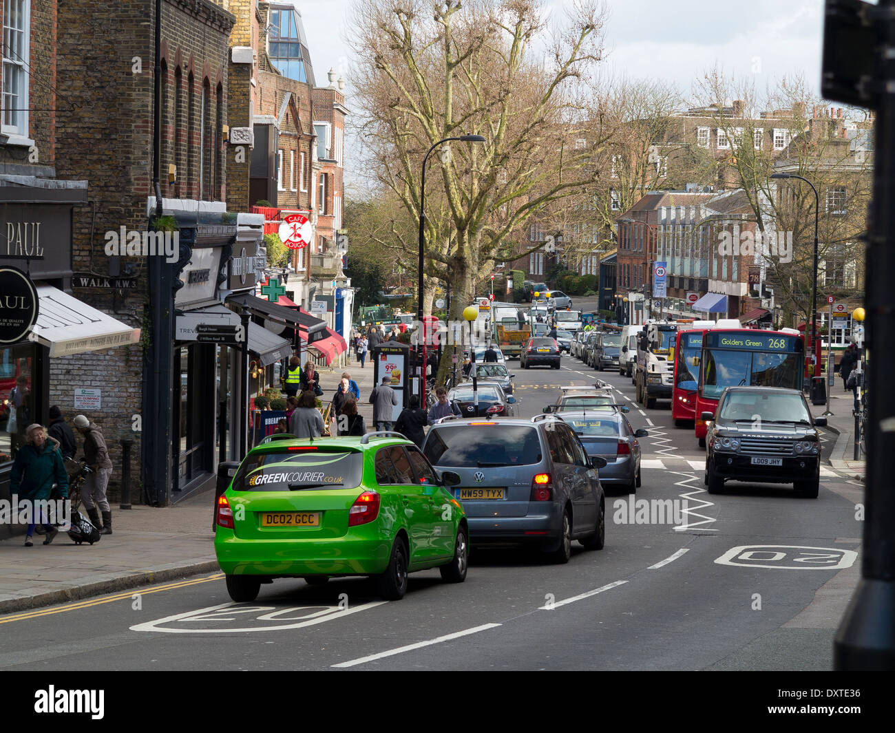 The busy main shopping street of Hampstead, Rosslyn Hill Stock Photo ...