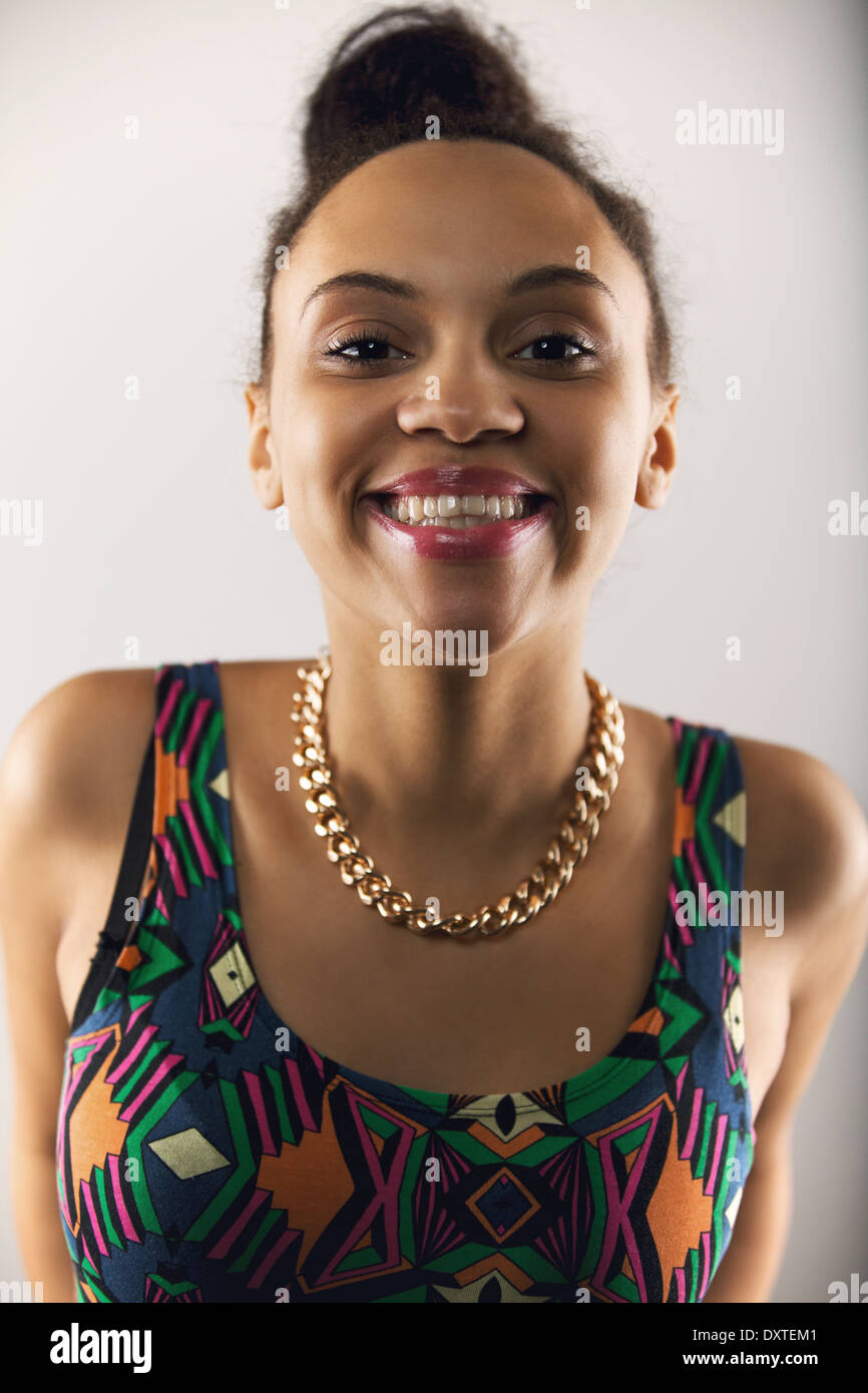 Close up portrait of pretty young woman making a funny face. Female ...