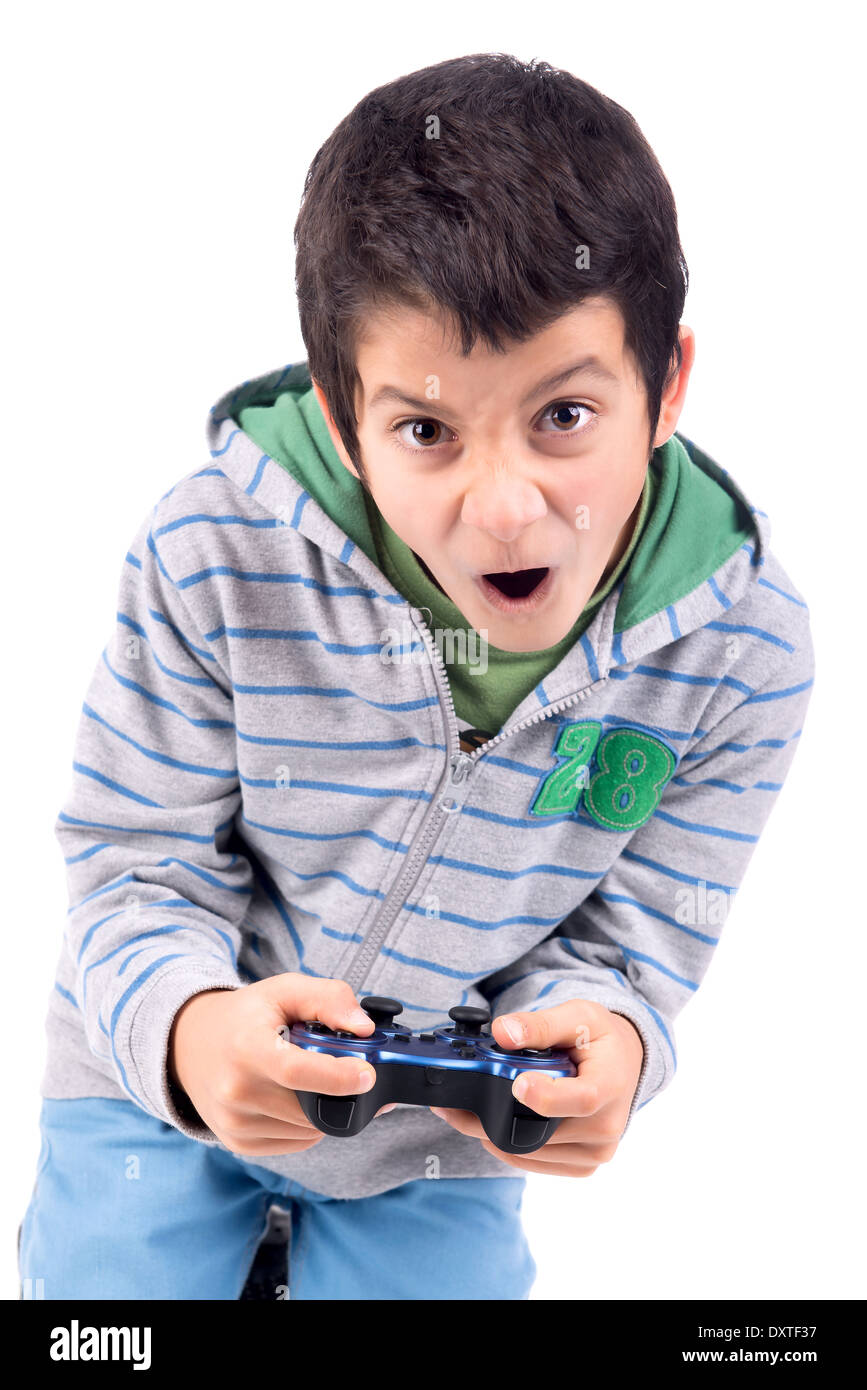 Boy playing video games making faces isolated in white Stock Photo - Alamy