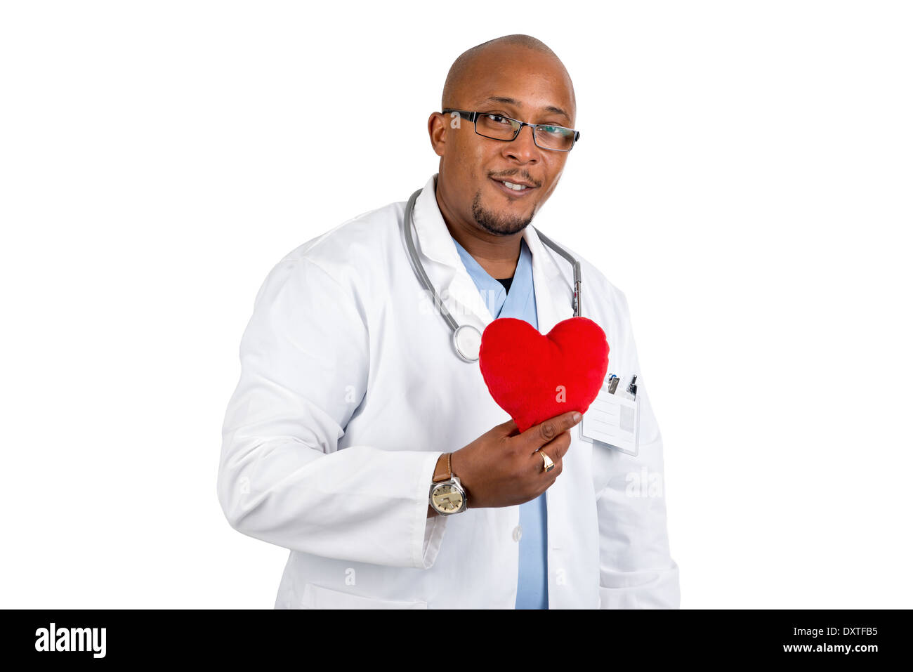 Dark skin doctor posing with a big red heart Stock Photo - Alamy