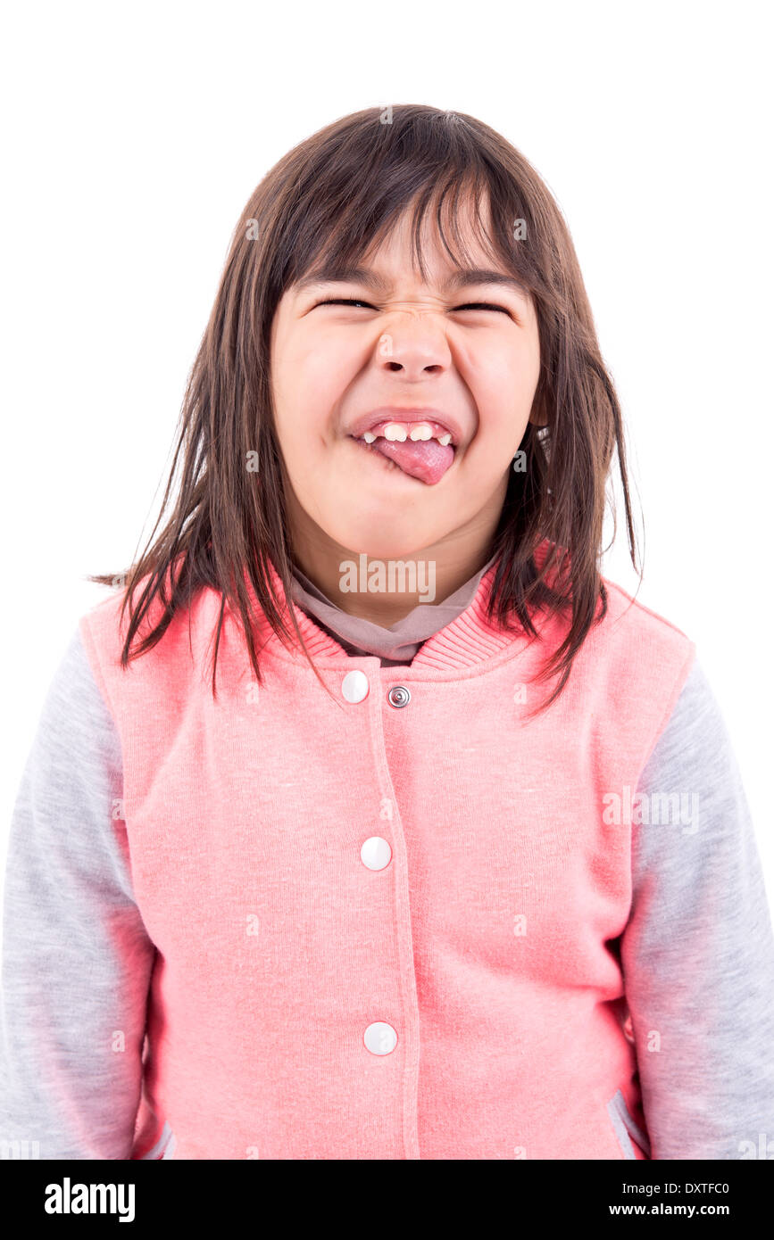 Funny young girl making faces isolated in white Stock Photo - Alamy