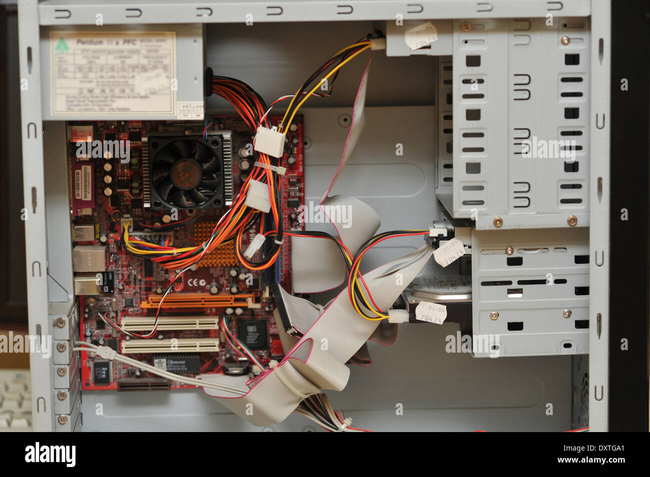 Insides with elements parts of an edgewise opened desktop pc Stock ...