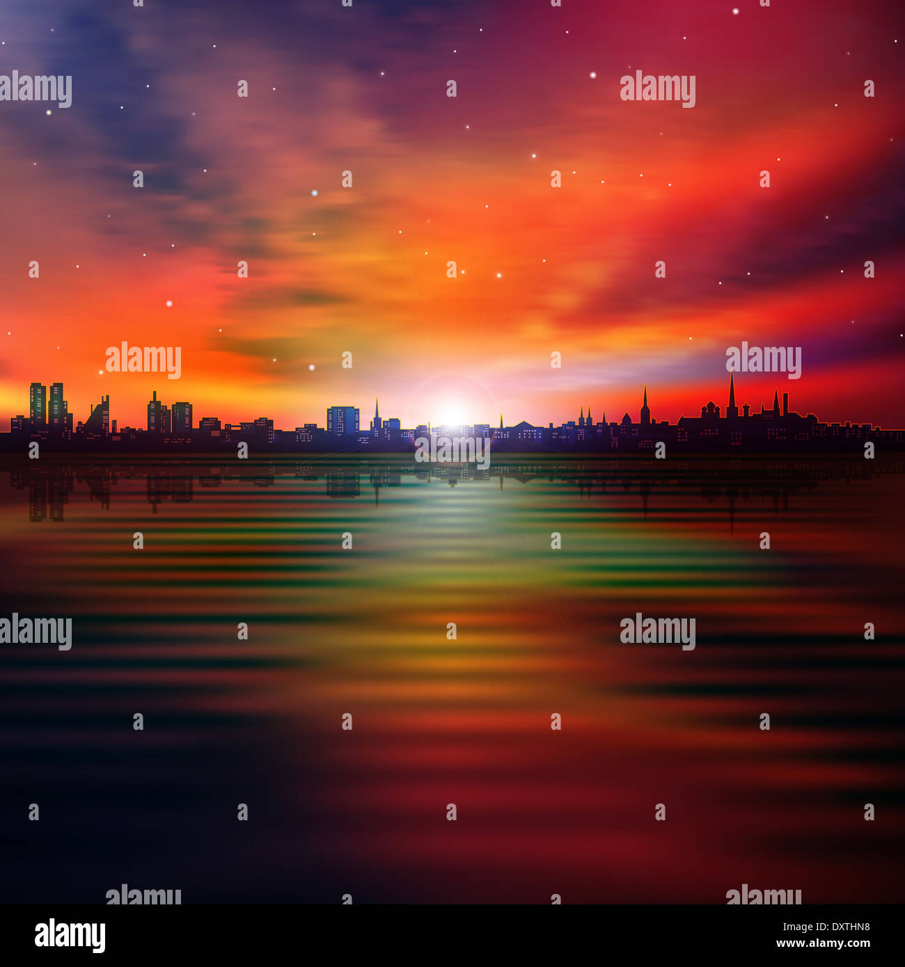 abstract red sunset background with silhouette of city and clouds Stock ...