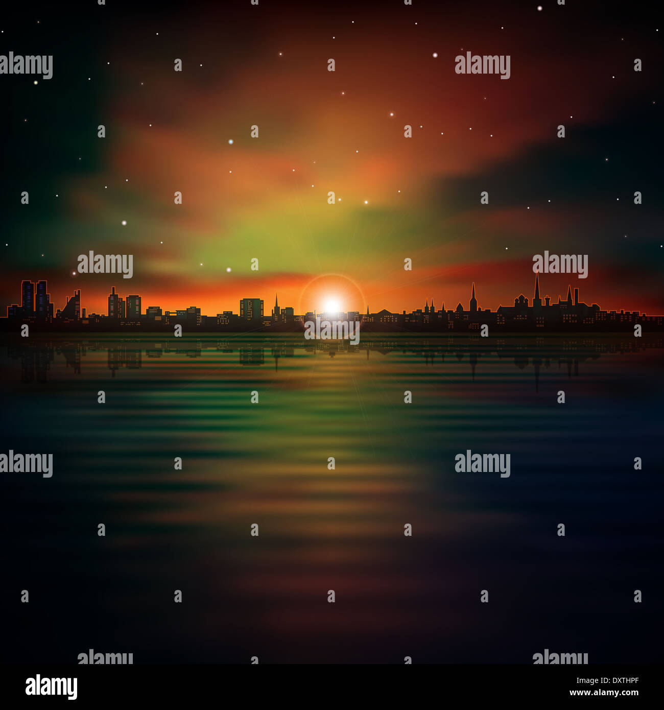 abstract brown sunset background with silhouette of city and clouds ...