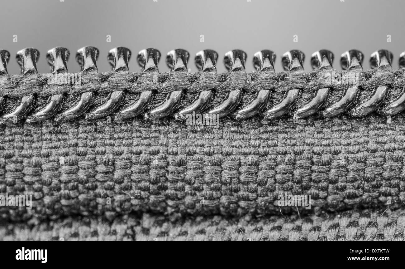 Zip. Black and white closeup of the teeth on a metallic zip fastener ...