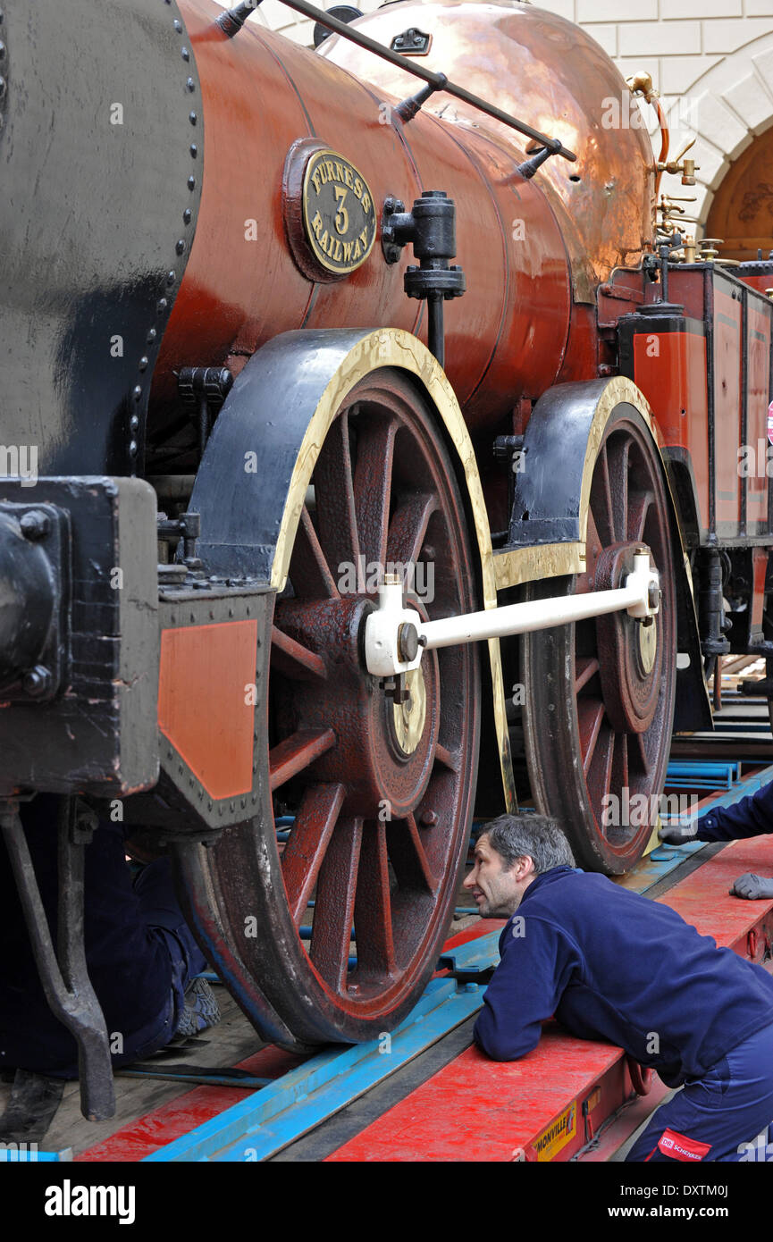 Dresden, Germany. 31st Mar, 2014. Specialists unload historic steam ...