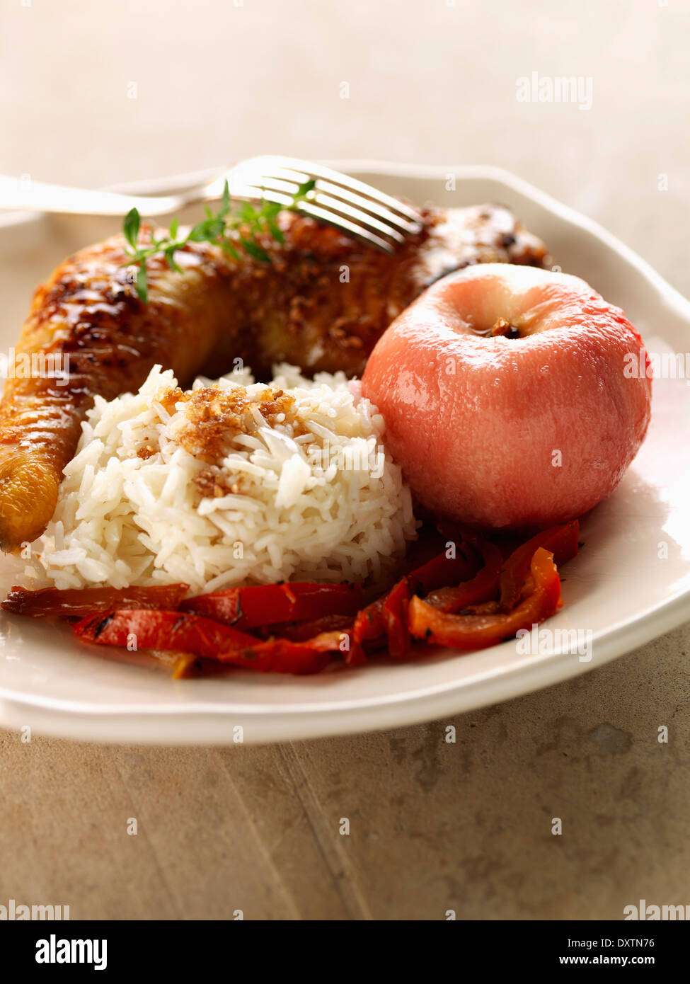 Roast chicken with honey,poached peaches and basmati rice Stock Photo ...