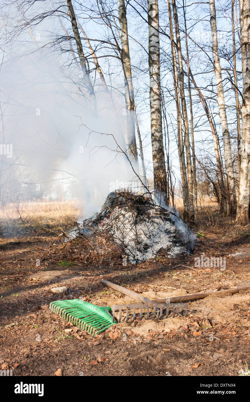 Iron and green plastic rakes on the ground, smoking bonfire in ...