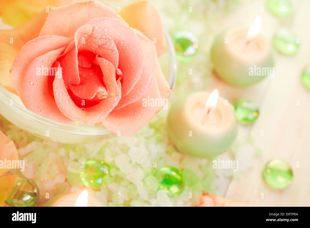 Spa components - rose flower, bath salt and aromatic candles Stock ...