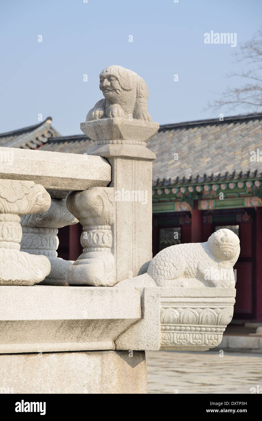 Mythical stone statues on the banister of Geunjeongjeon in ...