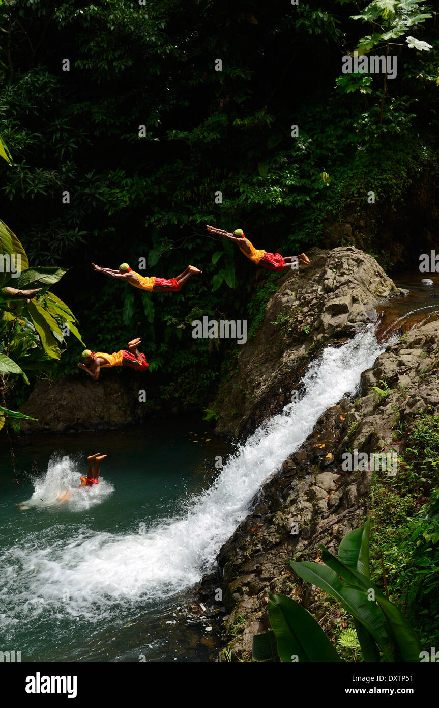 Grenadian man diving into the Seven Sisters Falls. Grand Etang National ...