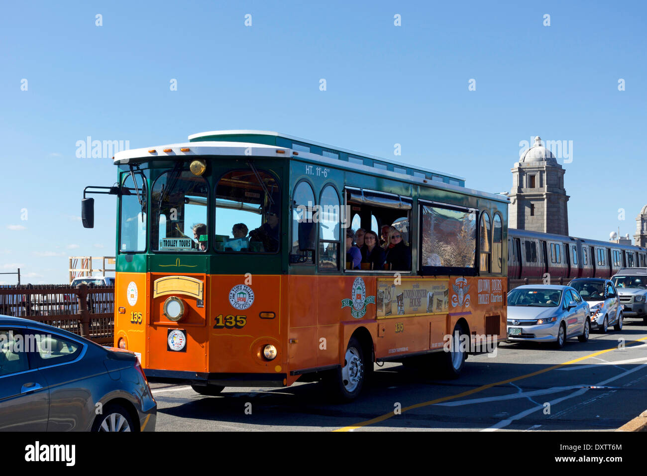 A tourist trolleybus in a traffic jam on Longfellow Bridge in Boston ...