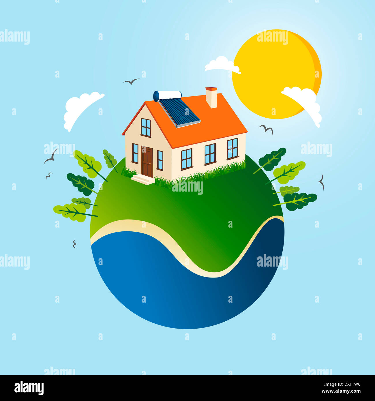 Globe Earth with a green energy solar panel house. EPS10 vector file ...