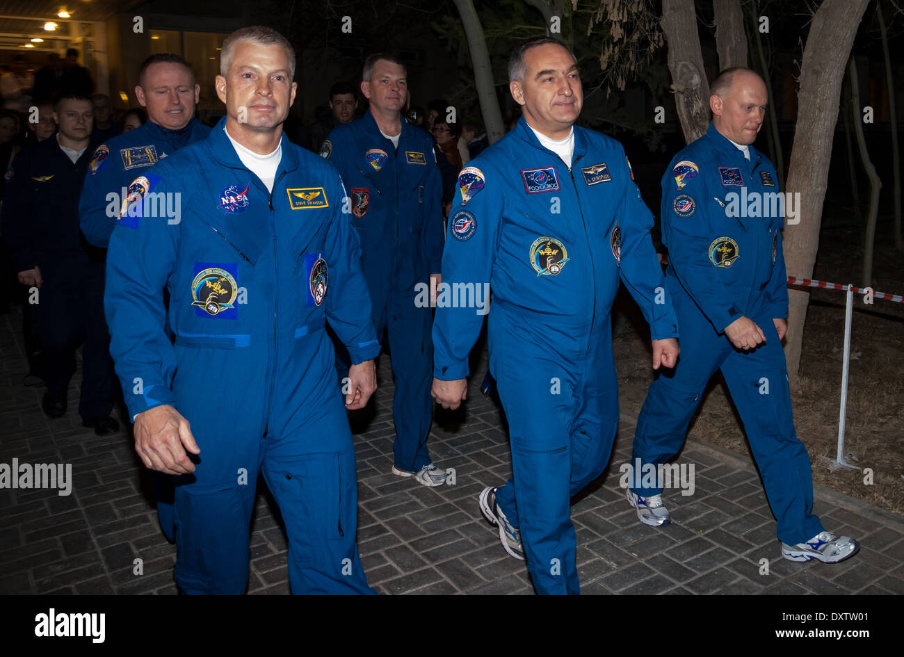 Expedition 39 crew members, including cosmonaut Alexander Skvortsov and NASA astronaut Steve ...