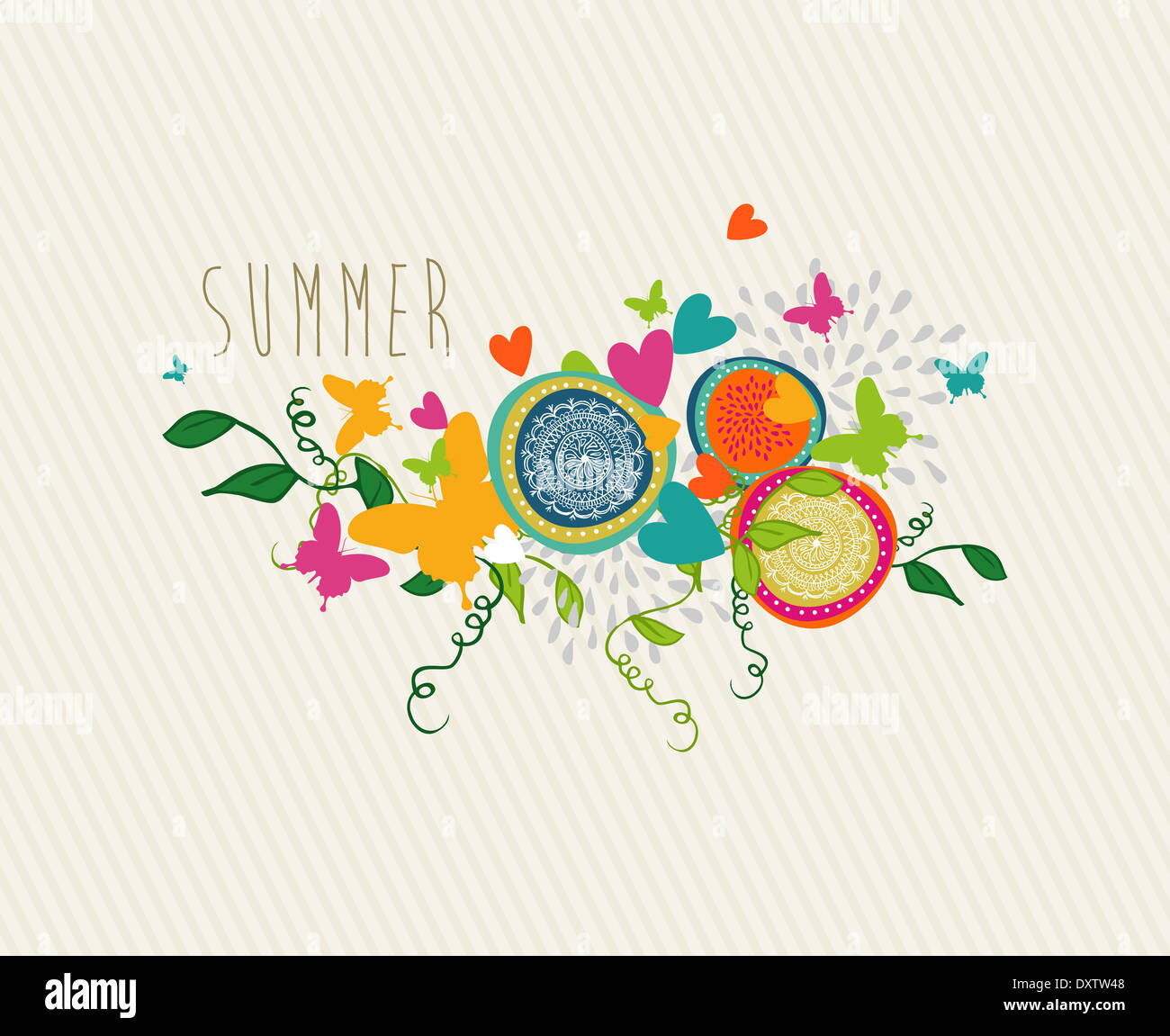 Summertime card decoration with colorful summer decoration, plants and ...