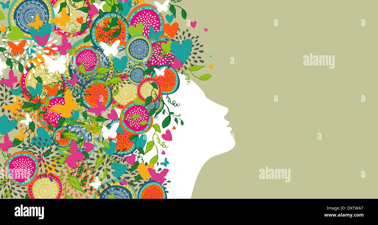 Beautiful woman profile hair design composition. Summer and springtime ...