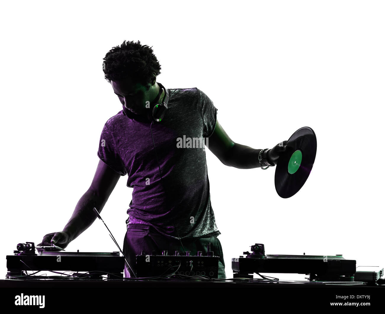 one disc jockey man in silhouette on white background Stock Photo - Alamy