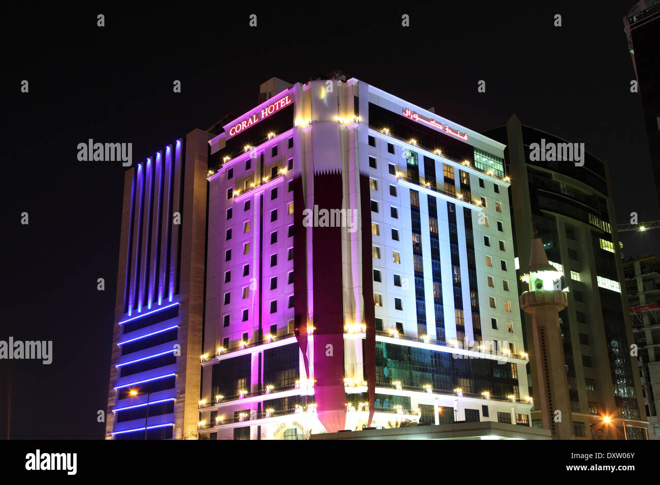 Hotel building in the city of Doha at night. Qatar, Middle East Stock ...